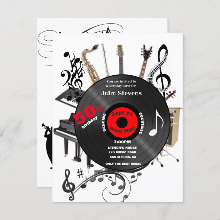 50th Birthday Record Musical Instruments Party Invitation | Zazzle