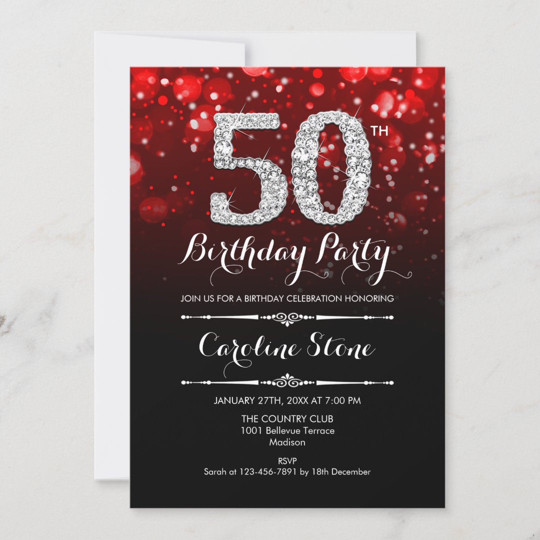 50th Birthday - Red Black Silver Invitation | Zazzle
