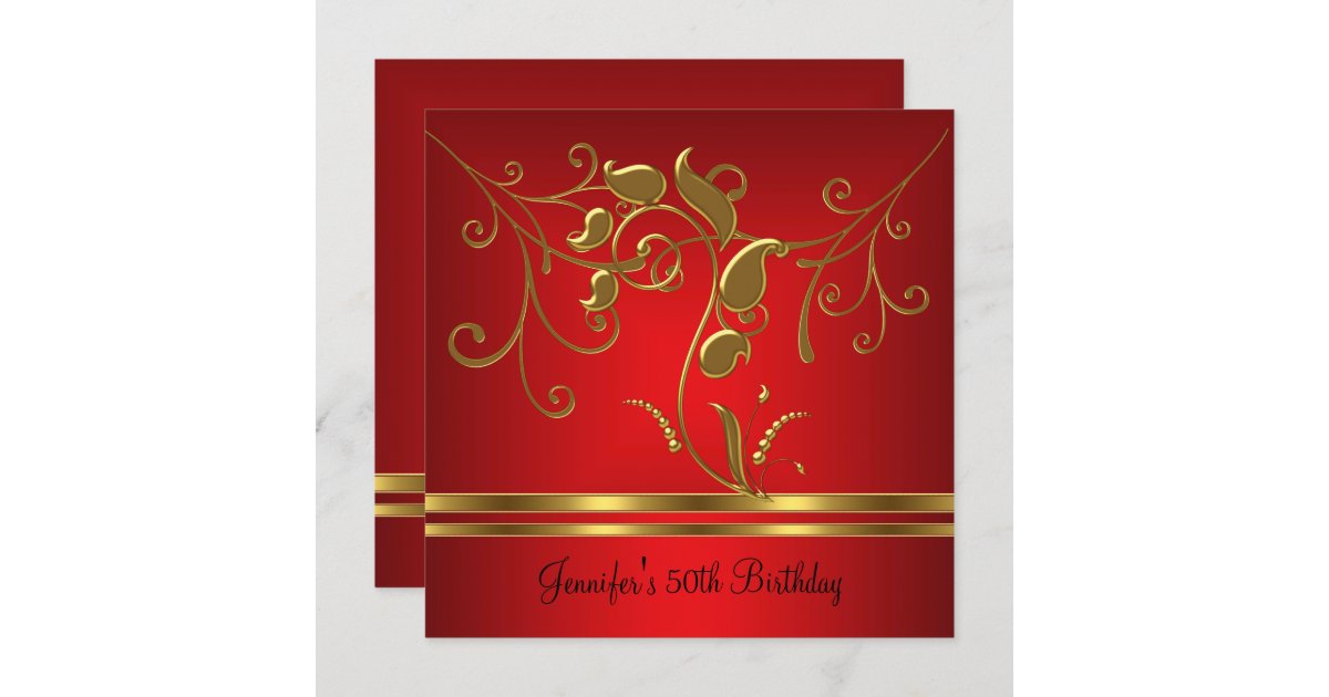 50th Birthday Red Gold Black Floral Jewel Invitation Zazzle