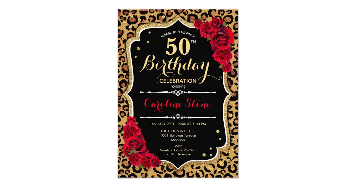 50th Birthday Red Roses Leopard Print Invitation
