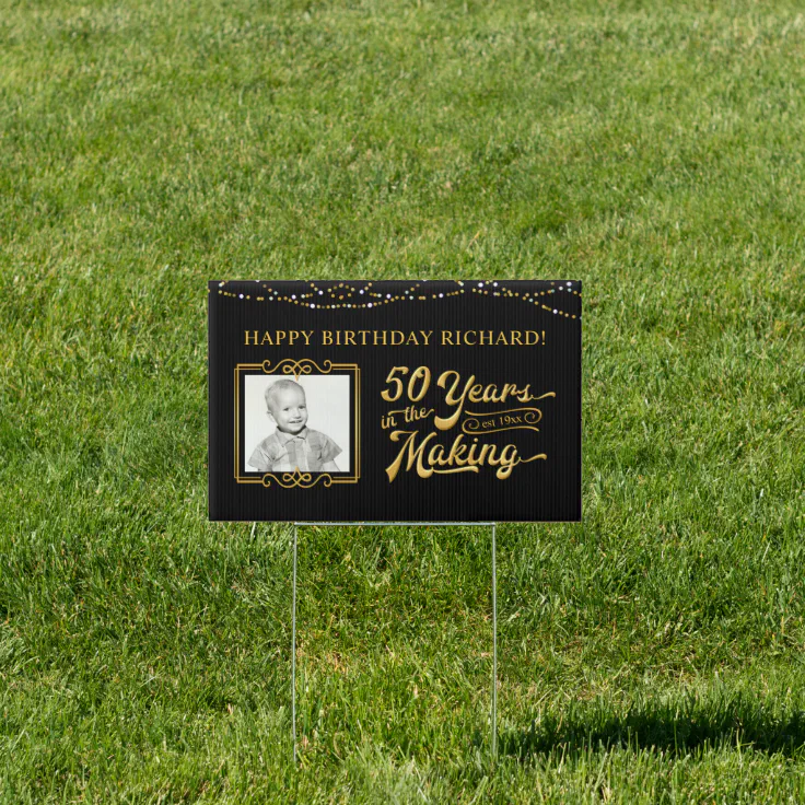 50th Birthday Retro Typography Black Gold Lights Sign | Zazzle