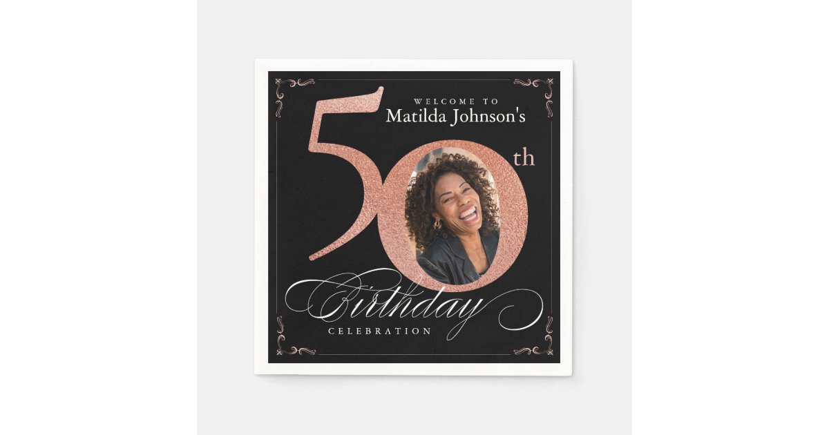 50th Birthday Rose Gold Glitter Black Photo Napkins | Zazzle