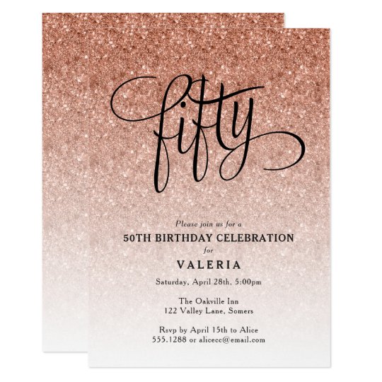 50th Birthday Rose Gold Glitter Invitation