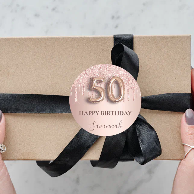 50th Birthday Rose Gold Glitter Pink Balloon Style Classic Round