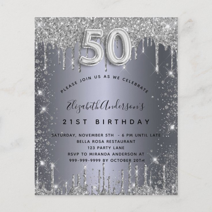 50th birthday silver glitter budget invitation flyer | Zazzle