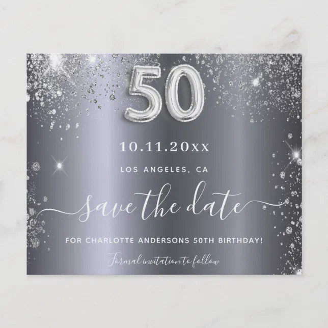 50th birthday silver glitter budget save the date flyer | Zazzle