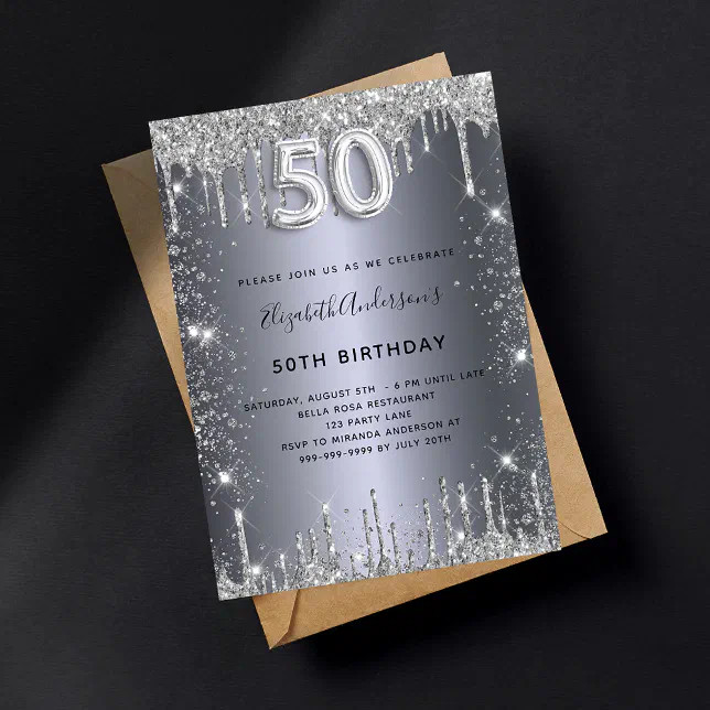 50th birthday silver glitter invitation | Zazzle