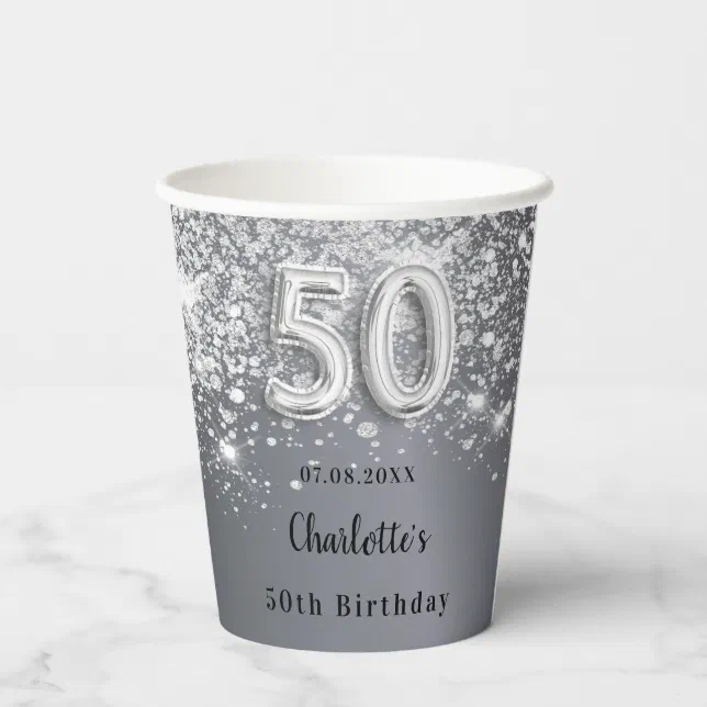 50th birthday silver glitter name paper cups | Zazzle