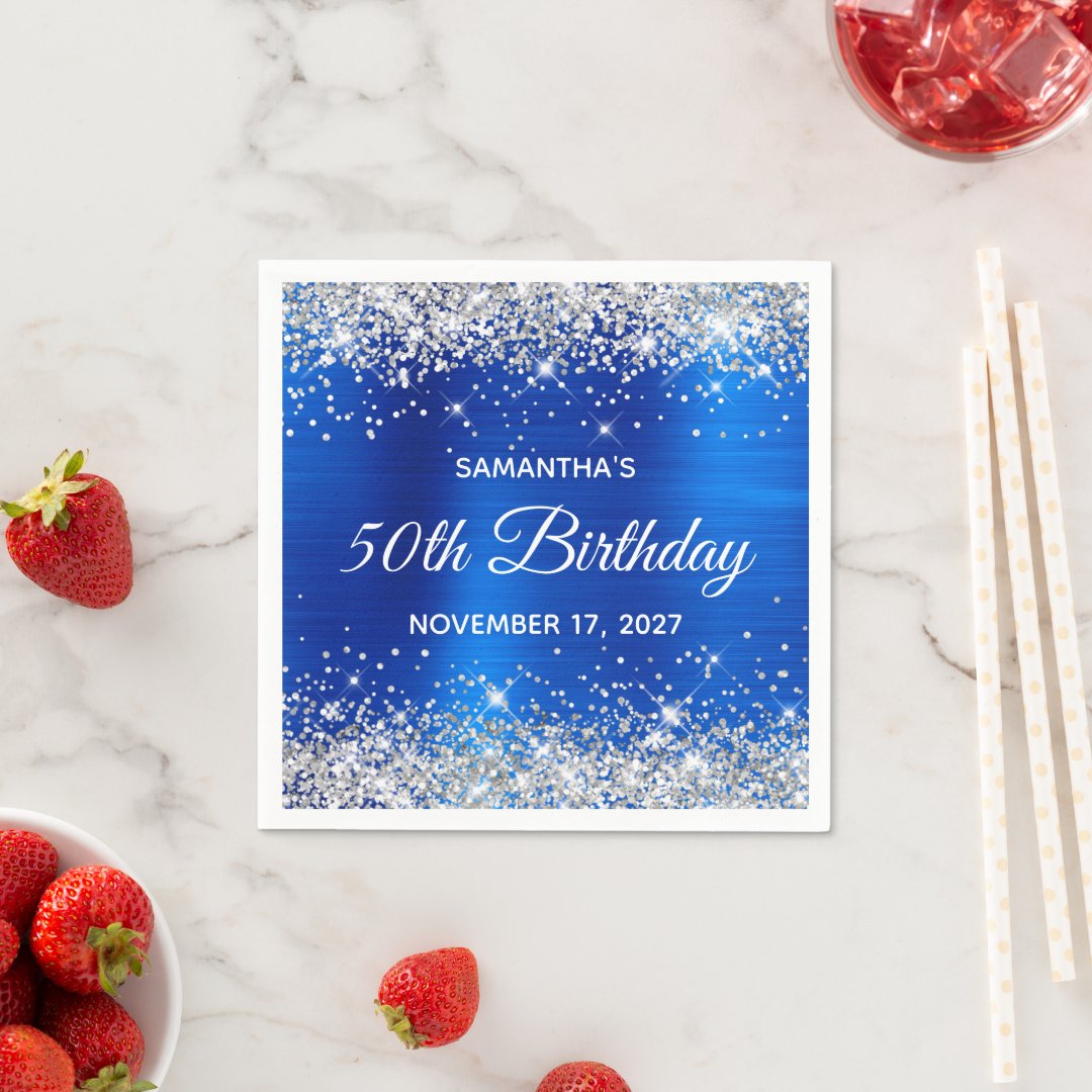 50th Birthday Silver Glitter Royal Blue Foil Napkins | Zazzle