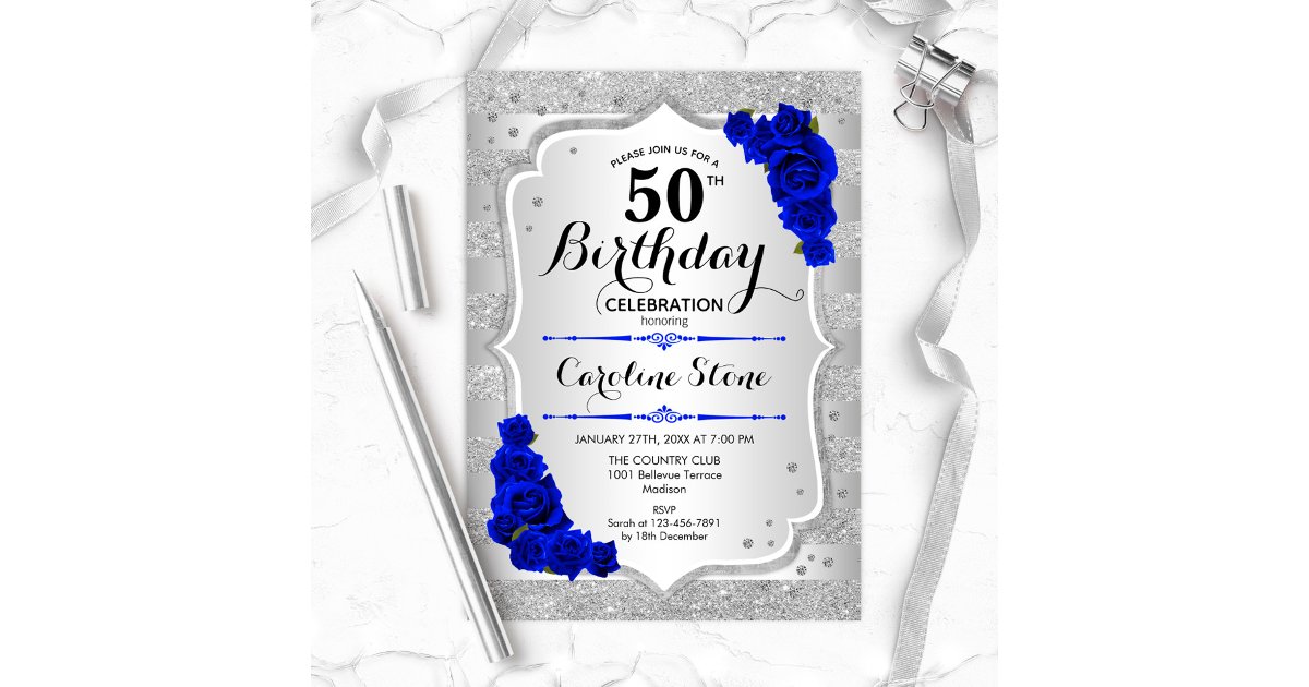 50th Birthday - Silver Stripes Royal Blue Roses Invitation | Zazzle