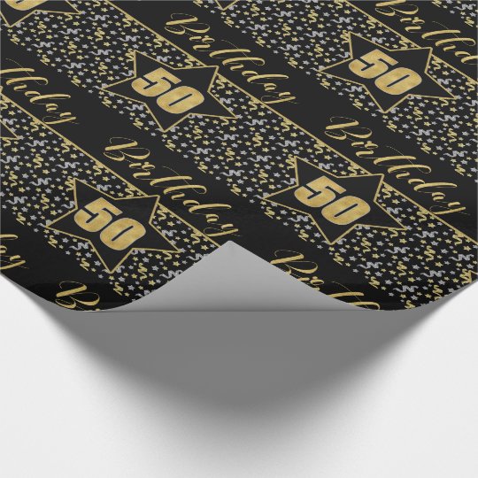 50th Birthday Star on Black with Silver Gold Wrapping Paper | Zazzle.com