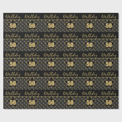 50th Birthday Star on Black with Silver Gold Wrapping Paper | Zazzle