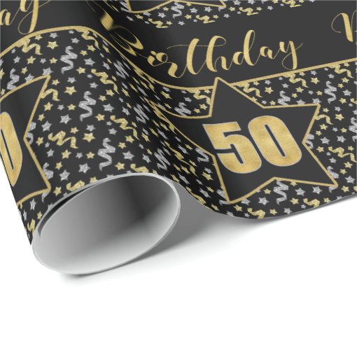 50th Birthday Star on Black with Silver Gold Wrapping Paper | Zazzle