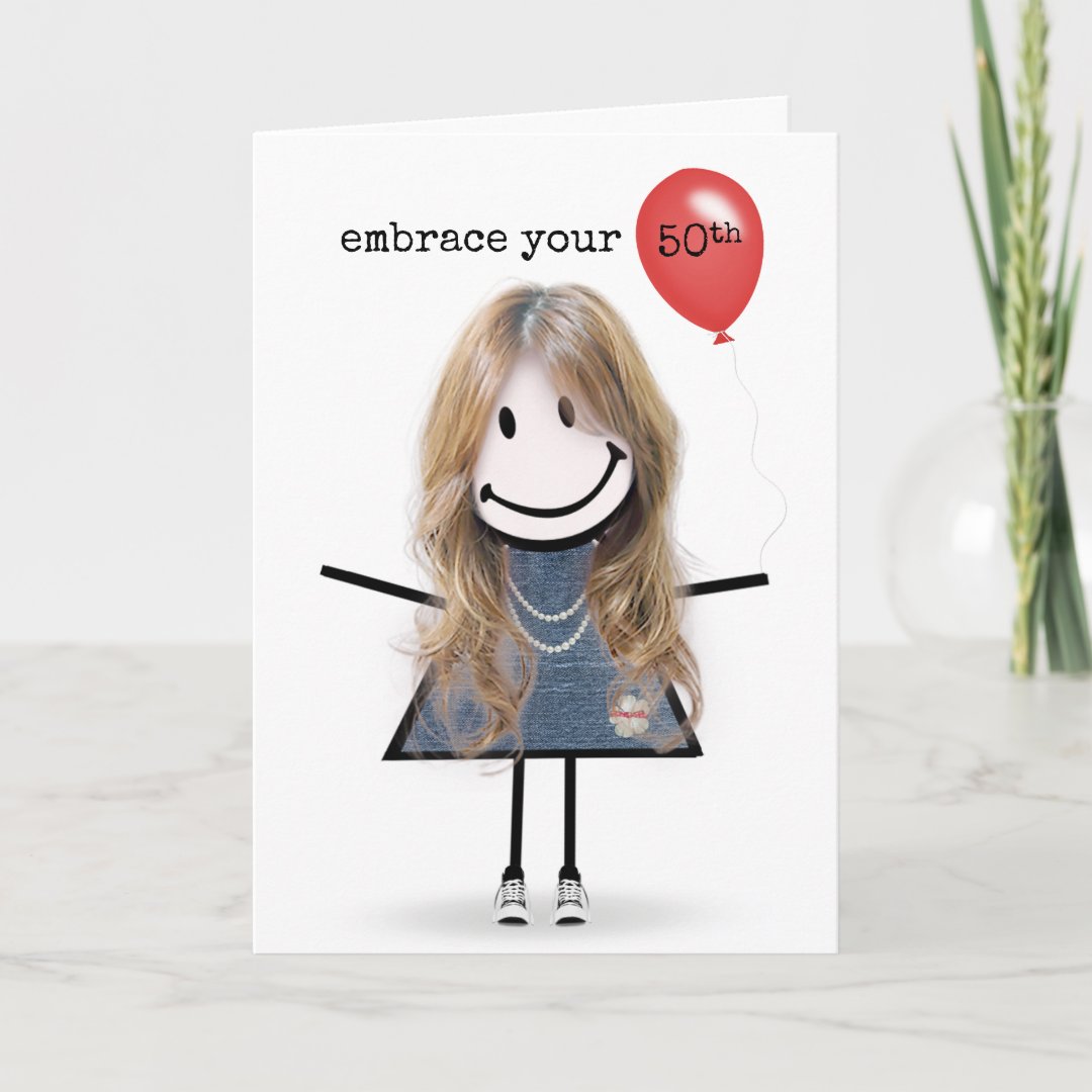 50th Birthday Stick Figure Girl with Red Balloon Card | Zazzle