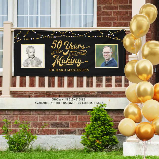 50th Birthday | Then & Now Photos | Black and Gold Banner | Zazzle