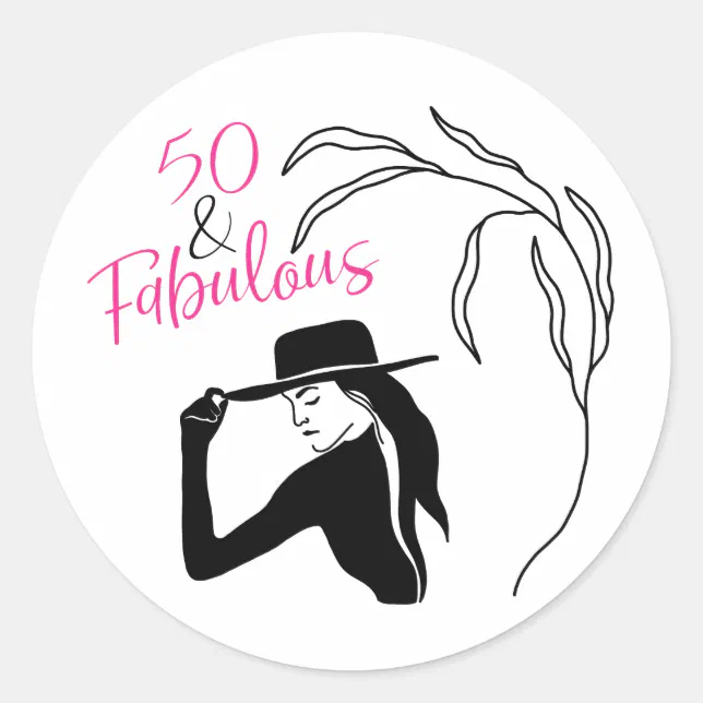 50th Birthday Trendy Woman Pink Black Typography Classic Round Sticker ...