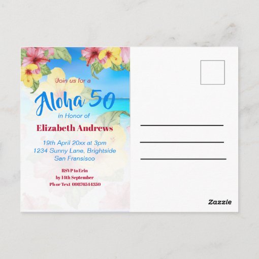 50th Birthday Tropical Flower Aloha 50 Invitation Postcard | Zazzle