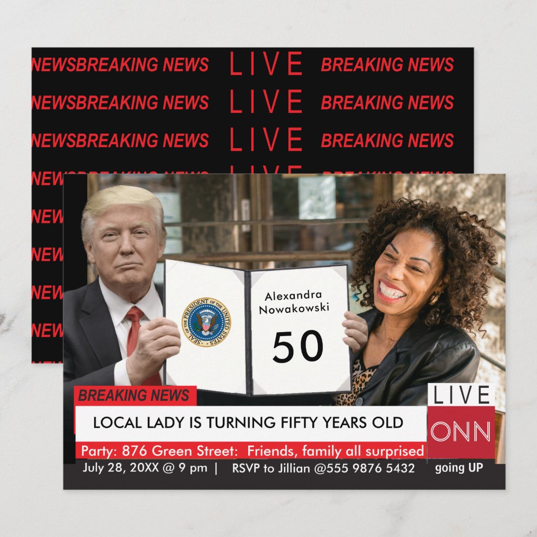 50th Birthday Trump Women's Funny TV News Invitation | Zazzle