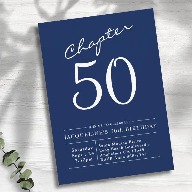 50th Birthday White Blue Chapter 50 Invitation | Zazzle
