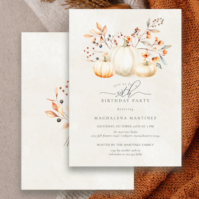 50th Birthday White Pumpkin Fall Leaves Elegant Invitation | Zazzle