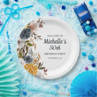 50th Birthday Yellow Navy Blue Floral Welcome Paper Plates | Zazzle