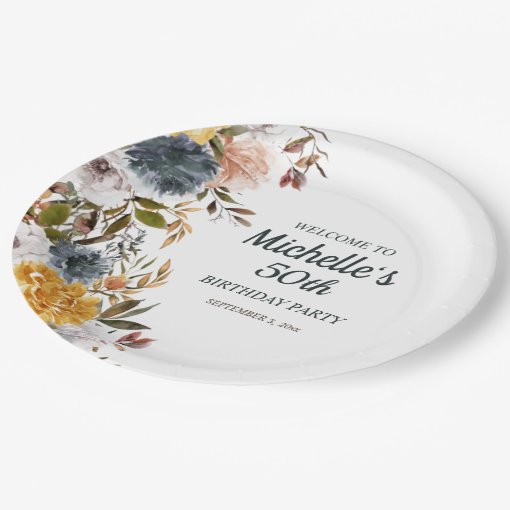 50th Birthday Yellow Navy Blue Floral Welcome Paper Plates | Zazzle