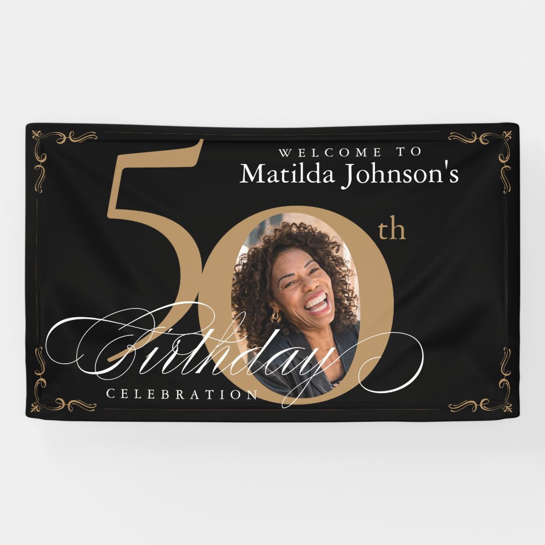 50th Black Gold Elegant Calligraphy Photo Birthday Banner | Zazzle