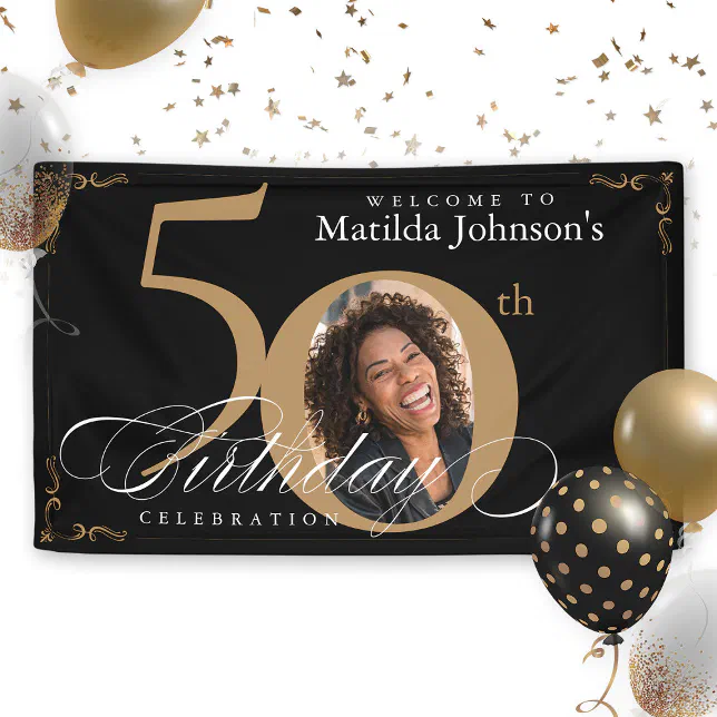 50th Black Gold Elegant Calligraphy Photo Birthday Banner | Zazzle