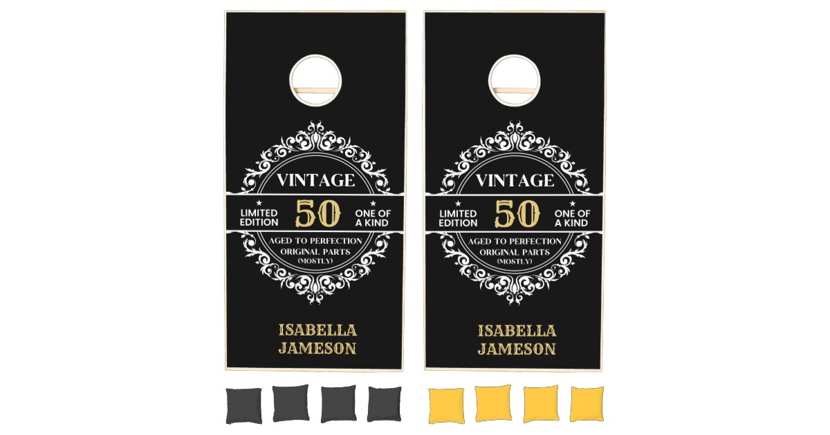 50th Black White Gold Fun Vintage Birthday Party Cornhole Set | Zazzle
