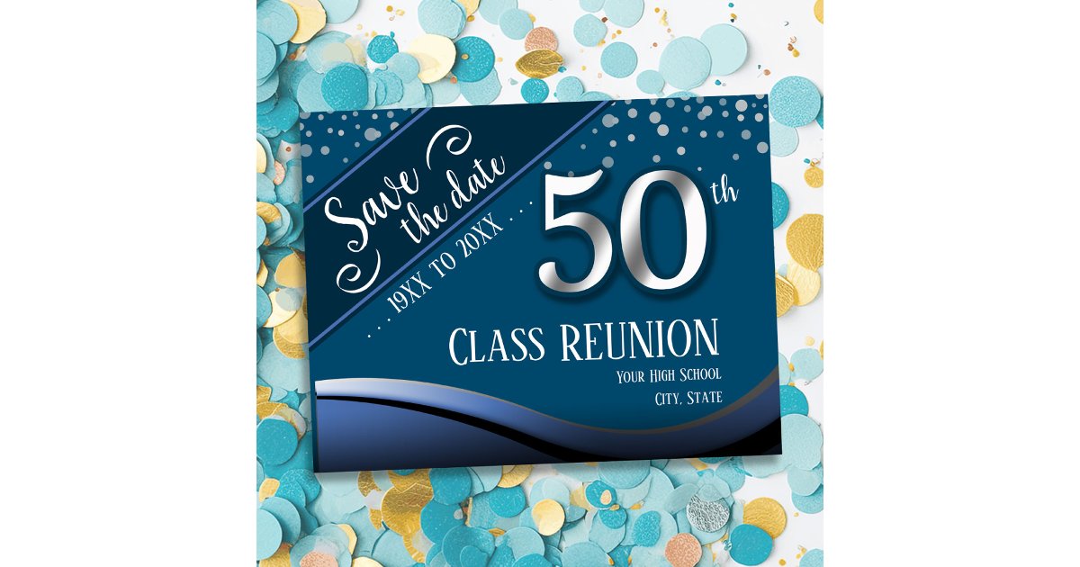 50th Class Reunion Elegant Blue Announcement Postc | Zazzle