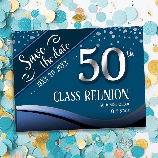 50th Class Reunion Elegant Blue Announcement Postc | Zazzle
