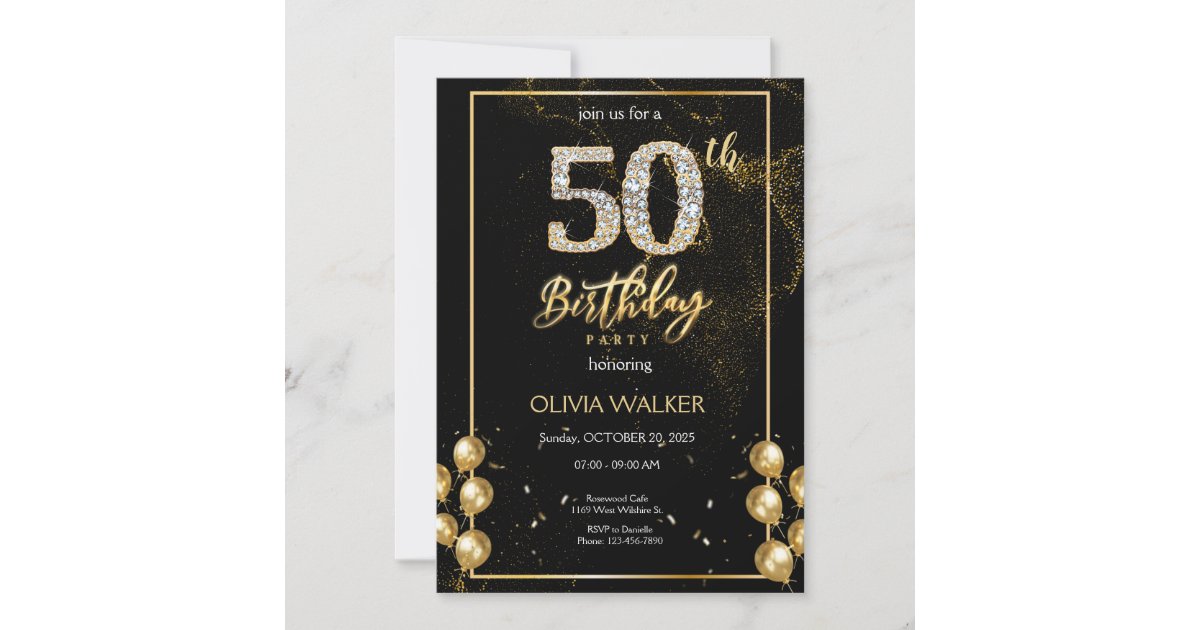 50th Diamond Black and Gold Birthday Invitation | Zazzle