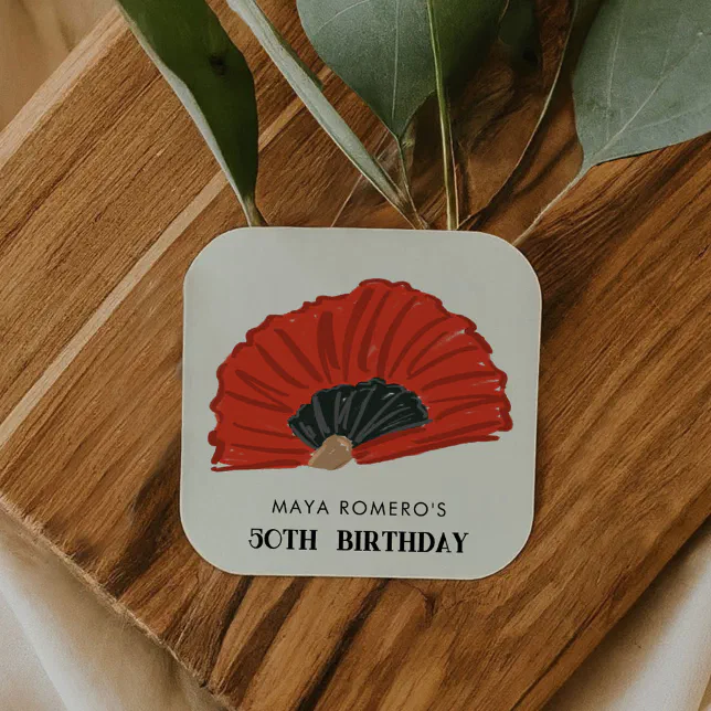 50th Flamenco Fan Birthday Party Square Sticker | Zazzle