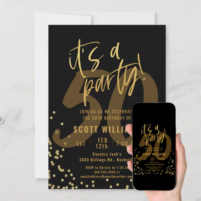 50th Fun Black and Gold Birthday Party Invitation | Zazzle