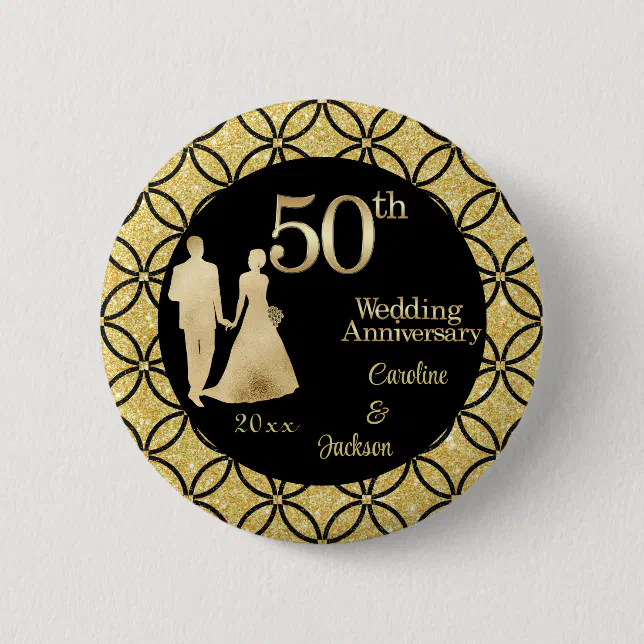 50th Gold Couple Wedding Anniversary Glitter Button | Zazzle