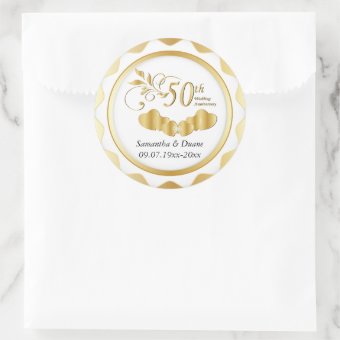 50th Gold Heart Wedding Anniversary | DIY Text Classic Round Sticker ...