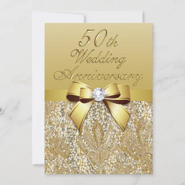 50th Gold Wedding Anniversary Faux Bow Sequins Invitation | Zazzle