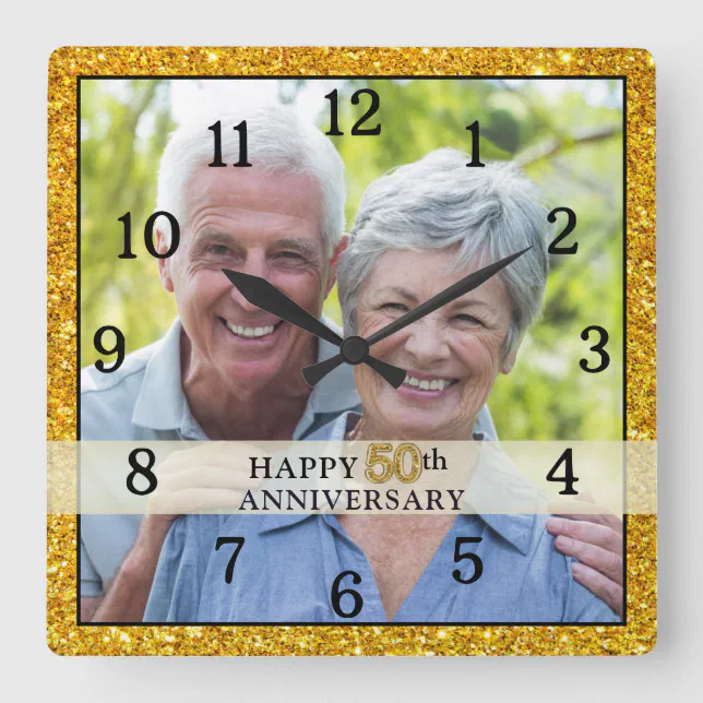 50th Golden Anniversary Gold Glitter Frame Photo Square Wall Clock | Zazzle