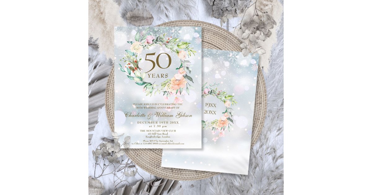 50th Golden Wedding Anniversary Winter Floral Invitation | Zazzle