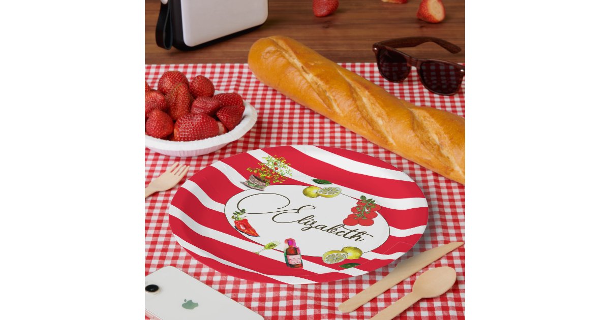50th Italian Lemon Mediterranean Red White Stripe Paper Plates | Zazzle