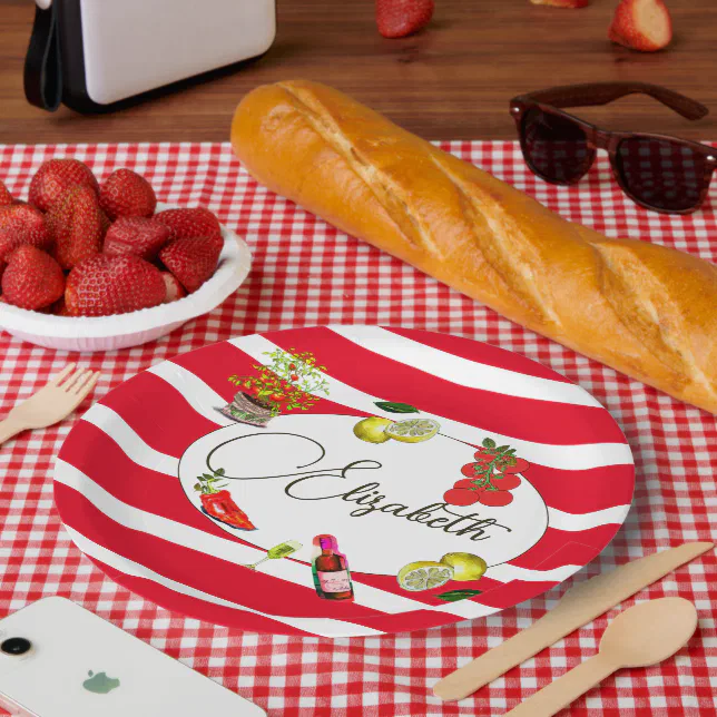 50th Italian Lemon Mediterranean Red White Stripe Paper Plates | Zazzle