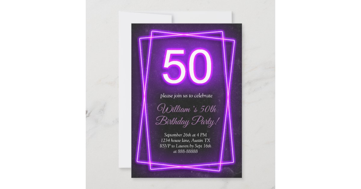 50th Neon Lights Retro Black Chic Fifty Birthday Invitation | Zazzle