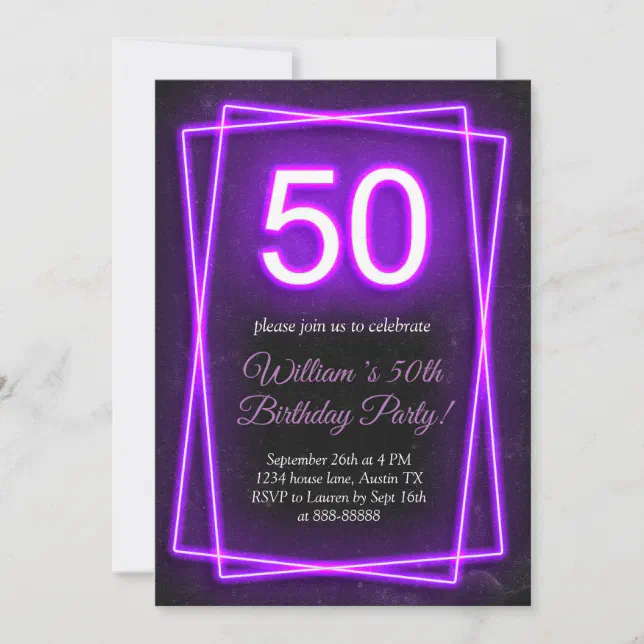 50th Neon Lights Retro Black Chic Fifty Birthday Invitation | Zazzle