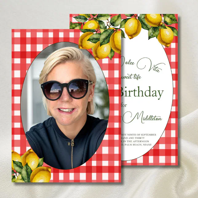 50th Photo Lemon Italian Theme Red White Pattern Invitation | Zazzle