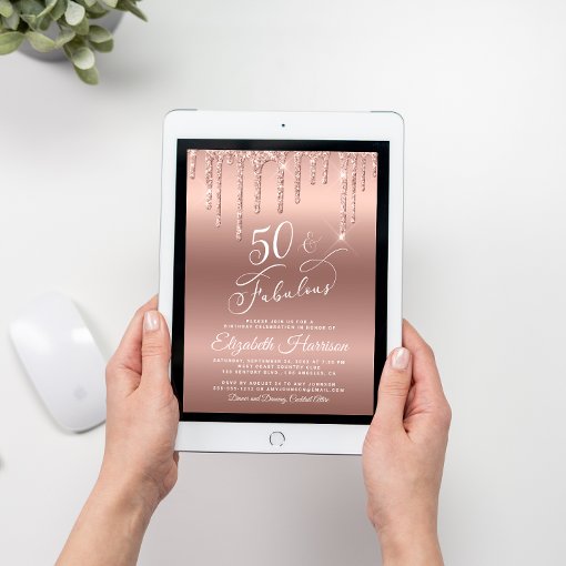 50th Rose Gold Glitter Virtual Birthday Party Invitation | Zazzle