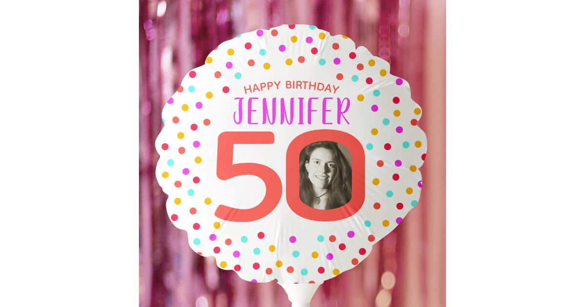 50th two custom photos colorful confetti birthday balloon | Zazzle