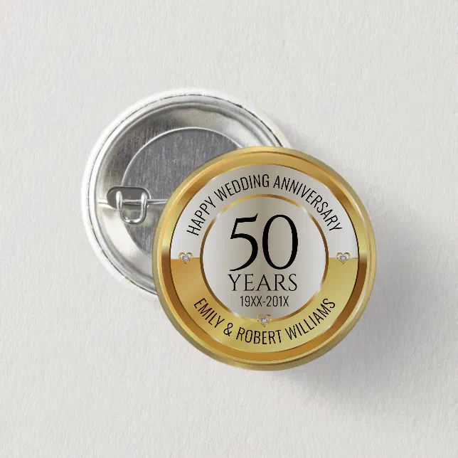 50th wedding anniversary black and gold button | Zazzle