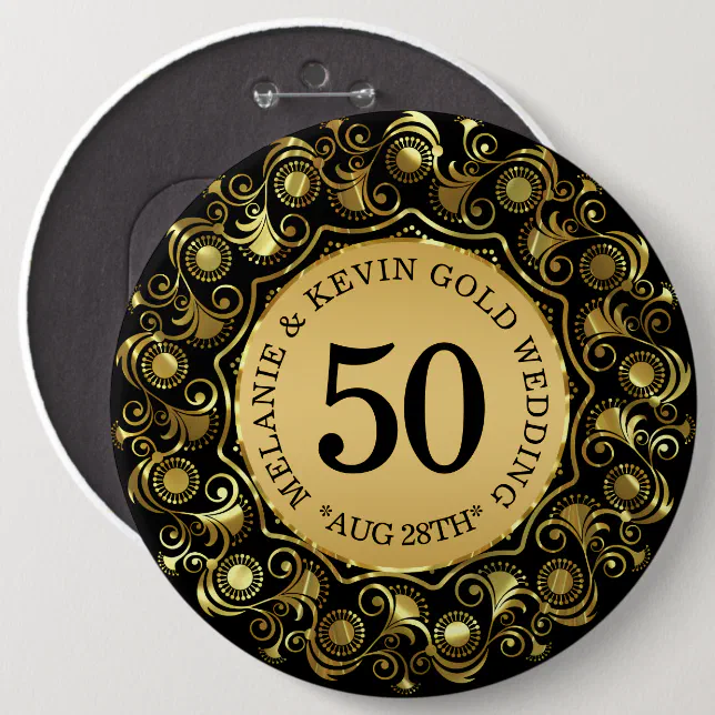 50th Wedding Anniversary Black & Gold, Custom Text Pinback Button | Zazzle