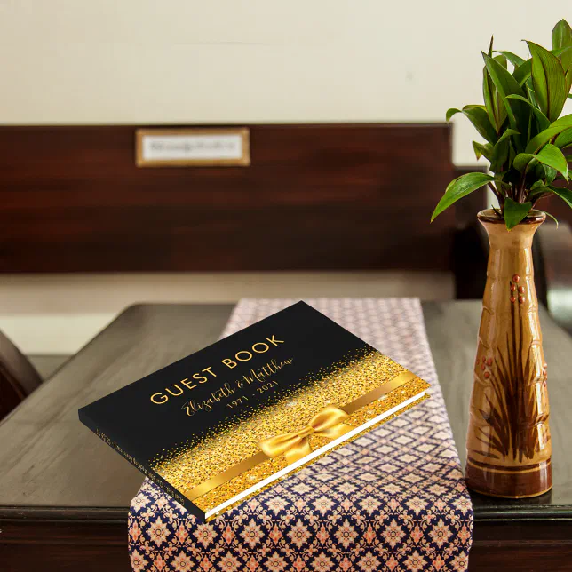 50th Wedding Anniversary black gold glam sparkle Guest Book | Zazzle
