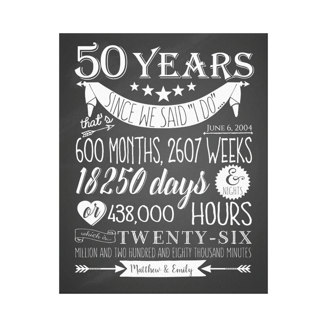 50th wedding anniversary, chalkboard, 50 years canvas print | Zazzle